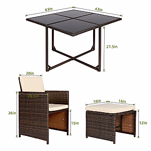 Esmlada 9 Pieces Patio Dining Sets Outdoor Conversation Sets, Space Saving Wicker Chairs with Glass Table and Ottomans, Cushioned Seating and Back Sectional Dining Sets(BR-BE)