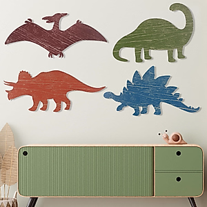 Hoteam Dinosaur Wall Decors Wooden Boys Dinosaur Nursery Wall Decoration Dinosaur Baby Shower Playroom Wall Art for Kids Farmhouse Bathroom Room Art Gift(Vivid,14.17 x 8.27 Inches)