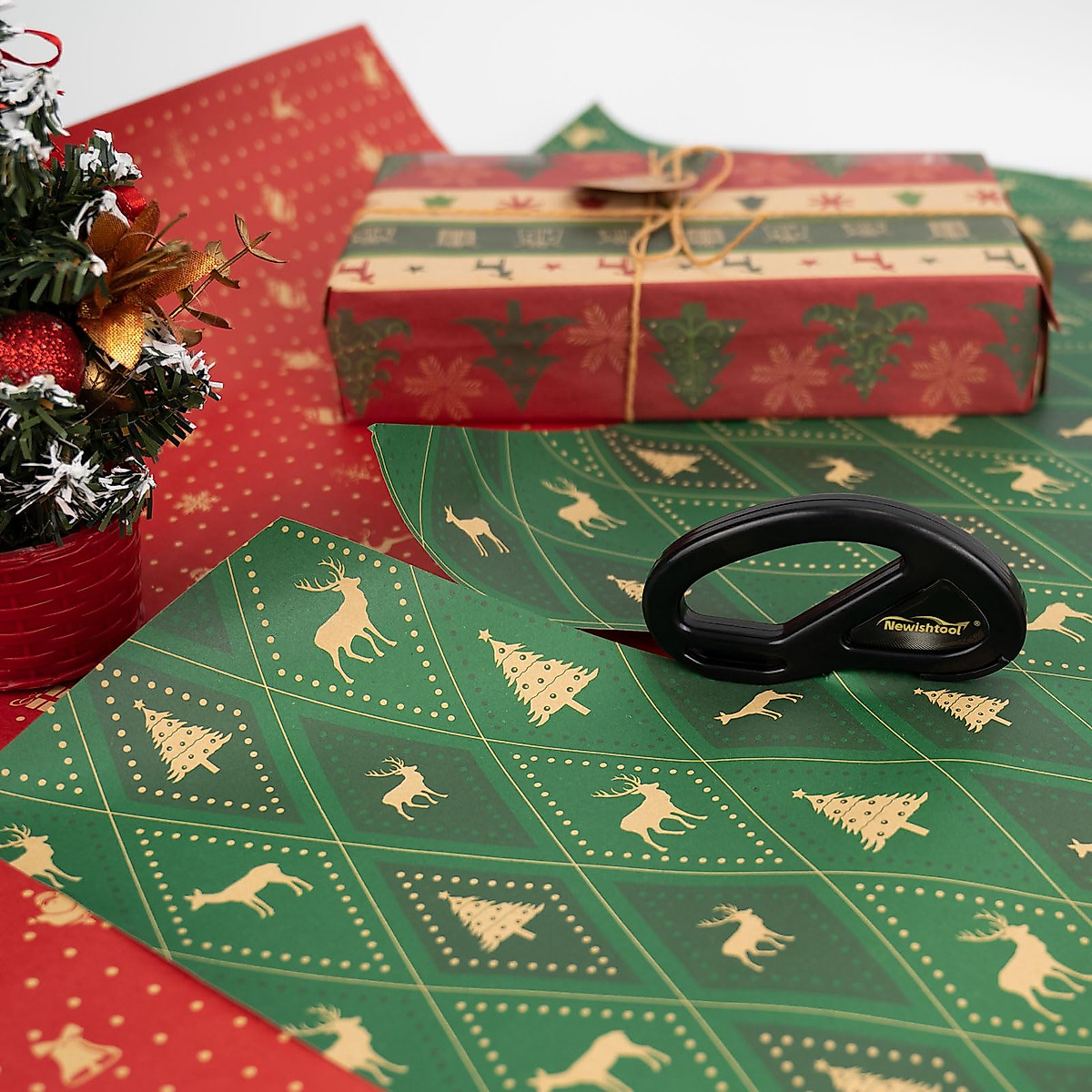 NEWISHTOOL 4 Pack Black Gift Wrap Cutter, Christmas Wrapping Paper Cutter Safety Cutter for Cutting Holiday Present Gift Wrapping Paper Craft Papers, 2 Types Sliding Cutter Tool Paper Slitter Knife