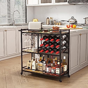 Lifewit Bar Cart for The Home, 3 Tier Drink Cart with Lockable Wheels, 12 Wine Rack and 3 Rows Glass Holders, Liquor Serving Cart for Kitchen Dining Livingroom, 31.6" x 13.1" x 33.9", Rustic Brown