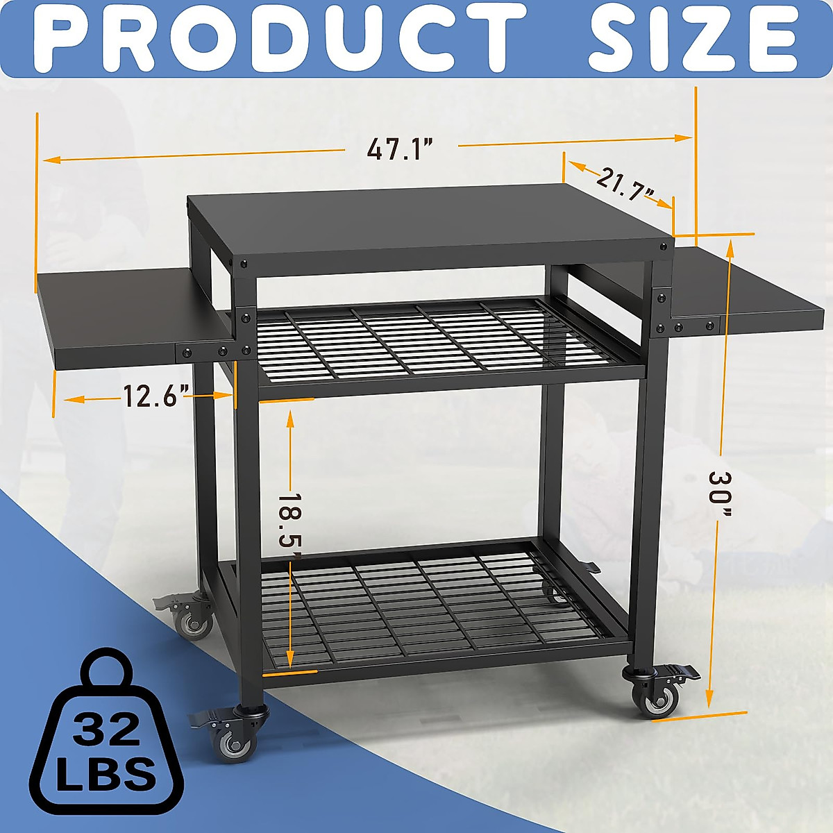 RAXSINYER 42"x 20" Three-Shelf Grill Table Grill Cart Outdoor BBQ and Work Cart Table Movable Pizza Oven Table Commercial Multifunctional Kitchen Food Prep Worktable