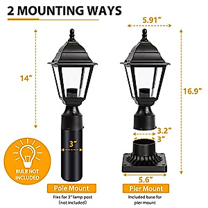Dusk to Dawn Outdoor Post Lights Hardwired 120V, Aluminum Outside Post Lantern with Pier Mount, Exterior Lamp Pole Lantern Head with Clear Glass, Matte Black Post Light for Patio,Garden,Walkway