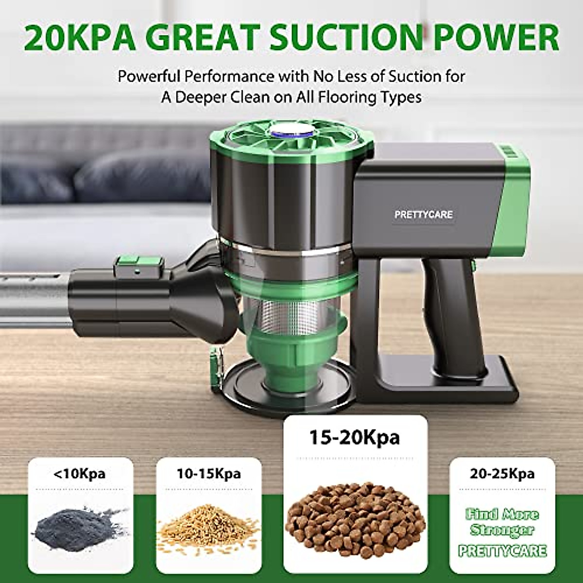 PRETTYCARE Cordless Vacuum Cleaner, 180W Powerful Suction Stick Vacuum with 35min Long Runtime Detachable Battery, 6 in 1 Lightweight Quiet Vacuum Cleaner Perfect for Hardwood Floor Pet Hair, Green