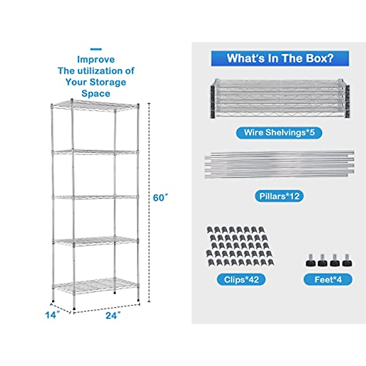 Metal Shelving, 5 Tier 750 Lbs Capacity Wire Shelving with Leveling Feet, Nsf Certified Metal Shelves for Kitchen Pantry Closet Laundry Bathroom Office, 5-shelf Metal Storage Shelves Storage Rack