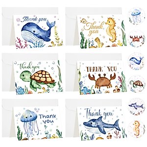 Jetec 48 Sets Sea Animal Thank You Cards Baby Shower Thank You Cards with Envelopes and Stickers Whale Crab Shark Turtle Ocean Creatures Note Cards for Summer Baby Bridal Shower Wedding, 4 x 6 Inch
