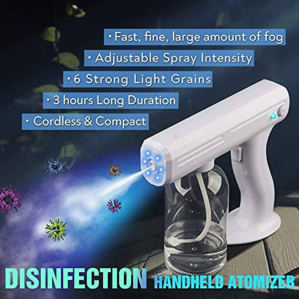 InfiniteTEC Cordless Disinfectant Nano Mist Gun Plant Repellent Control 800ml Portable Electric Sprayer Blue Light Sterilization Fogger for Home Office School Garden Hospital and Transportation