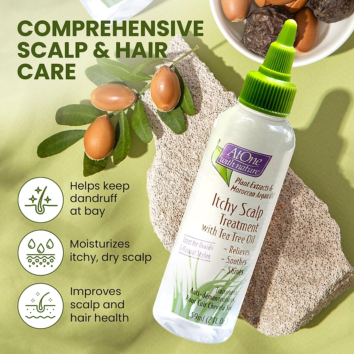 AtOne with Nature Itchy Scalp Treatment with Tea Tree Oil - Cleanses and Soothes, 2 Fl Oz, Infused with Sunflower, Argan, and Almond Oils