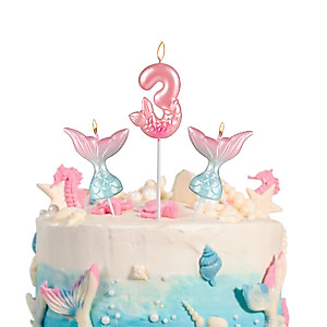 Mermaid Birthday Candles, Number 3 Candle with 2pcs Mermaid Tail Cake Toppers, Mermaid 3rd Birthday Decorations Girl, Little Mermaid Party Favors Cake Decor Anniversary Celebration Supplies