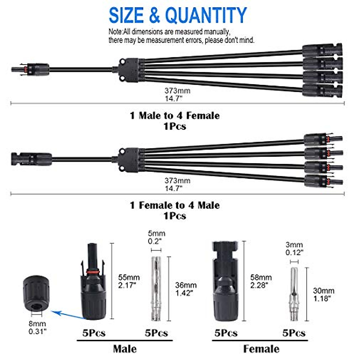 Glarks 22Pcs Cable Connectors Solar Panel Extension Adaptor Y Branch 1 to 4 Parallel Adapter Cable Wire Plug and 5 Pair Male/Female Solar Panel Cable Connector Set for Solar Panels (M/FFFF + F/MMMM)