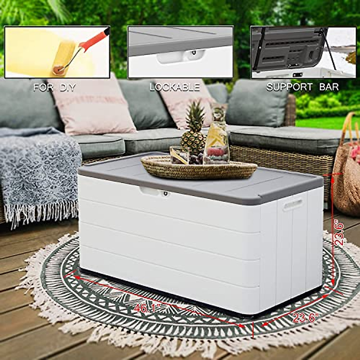 ADDOK Large Resin Deck Box Lockable, Outdoor Garden Storage Box Waterproof, Elegant Storage Bench for Cushions, Garden Tools and Pool Toys (White)