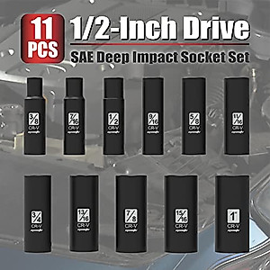 EPAuto 1/2-Inch Drive SAE Deep Impact Socket Set, Cr-V, 6 Points, 11 Sockets