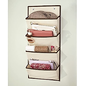 mDesign Soft Fabric Over The Door Hanging Storage Organizer with 4 Large Pockets for Closets in Bedrooms, Hallway, Entryway, Mudroom - Hooks Included - Cream/Espresso Brown