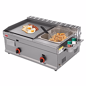 BANLICALI Gas Deep Fryer with 6L Basket for Commercial Use, Kitchen Fat Fryer LPG Gas Fryer with Griddle, Stainless Steel Griddle And Deep Fryer for Home Kitchen Restaurant Snack Bar Silver