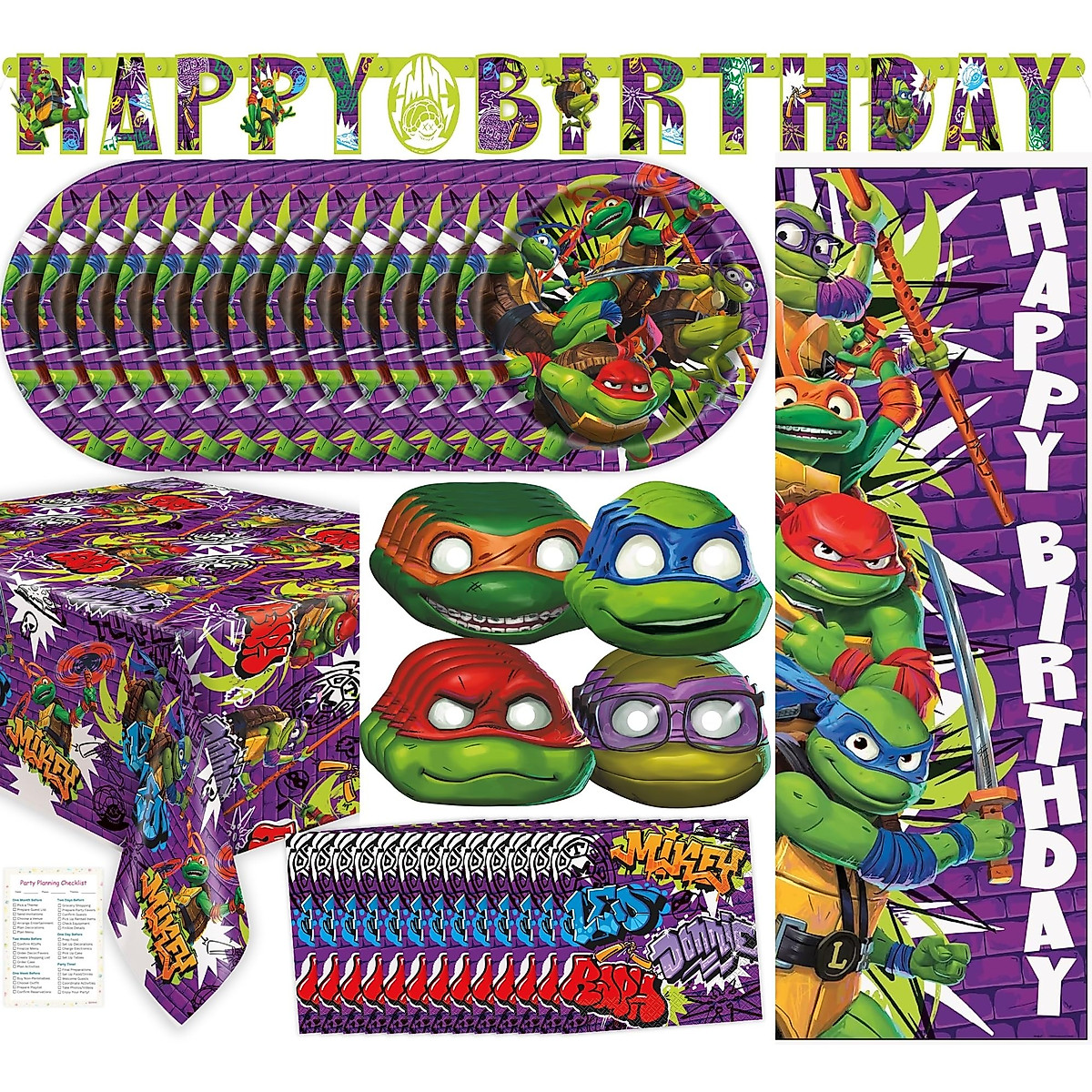 Ninja Turtle Party Decorations - 16 Guests - Ninja Turtle Plates and Napkins, Tablecloth, Banner, Teenage Mutant Ninja Turtles Party Supplies, Checklist - TMNT Mutant Mayhem Movie