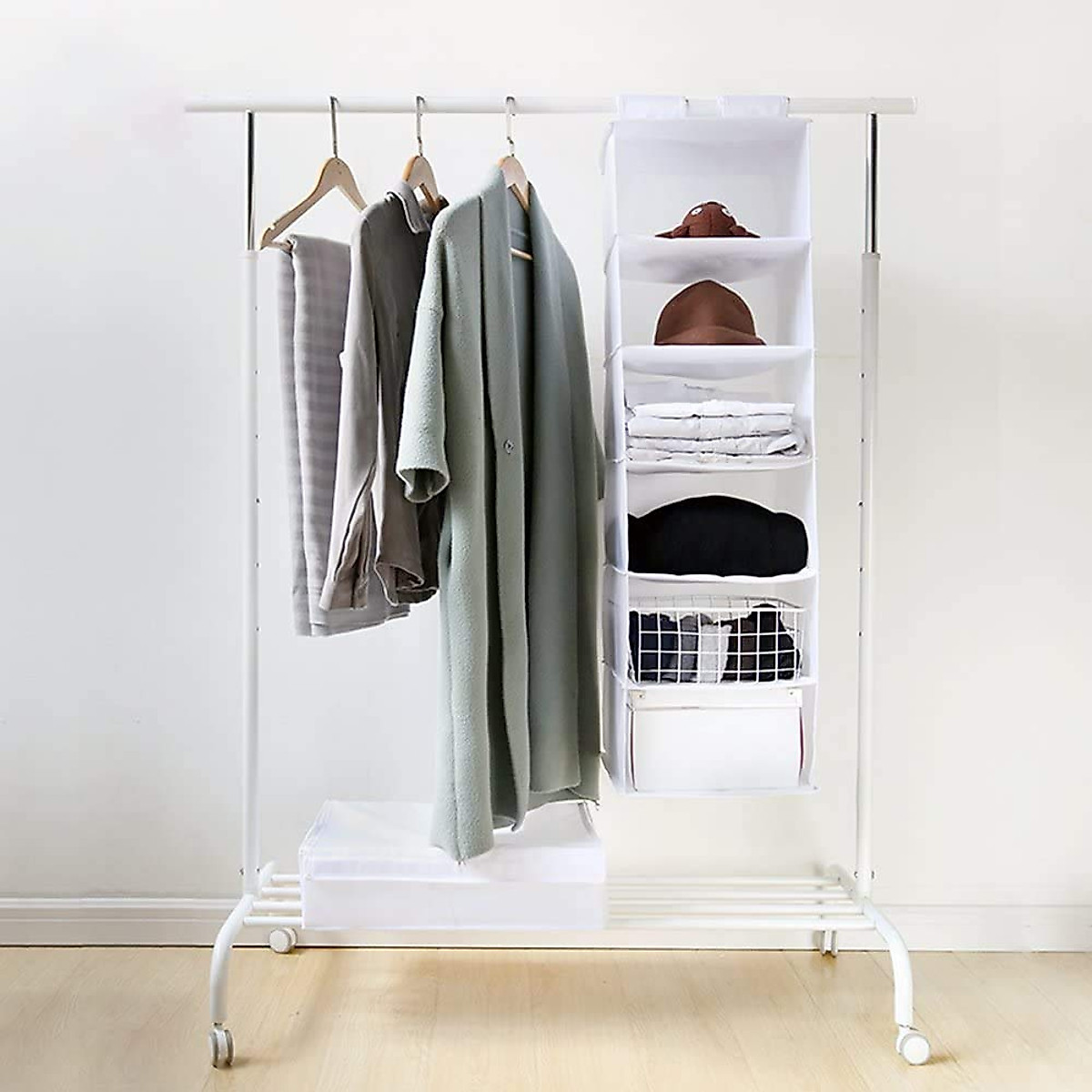 sunyou Hanging Closet Organizer 6 Shelves Cloth Hanging Organizer Foldable with 2 Widen Straps for Clothing, Blankets, Toys(White, 30cm)