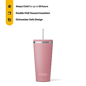 RTIC 20oz Everyday Tumbler Insulated Stainless Steel Portable Travel Coffee Cup with Straw, Spill-Resistant Lid, BPA-Free, Hot and Cold Drink, Ceramic Lining, Dusty Rose