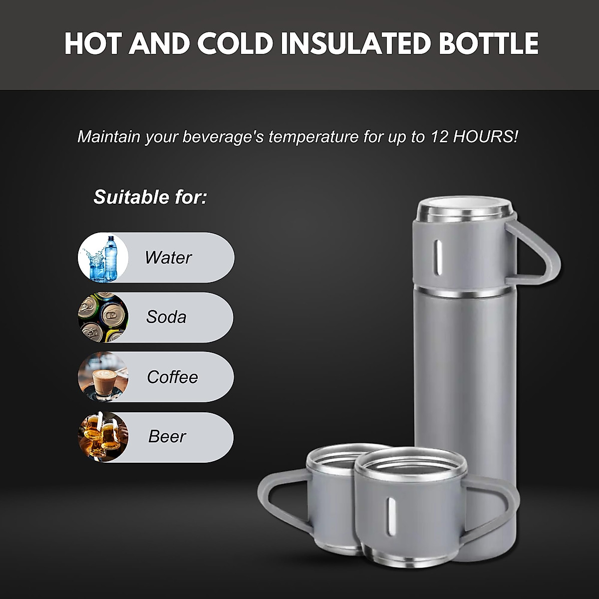 Gray Vacuum Flask Set - Insulated Water Bottle w/ 3 Cups Gift Set - Thermos Water Bottle for Hot and Cold Drinks - Reusable Stainless Steel Water Bottles for Indoor and Outdoor Activities (17 Fl Oz)