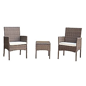 YIYAN 3 Pieces Outdoor Furniture Set Patio Rattan Wicker Chairs & teatable,Lawn Garden Balcony Backyard，with Washable Cushion (White)