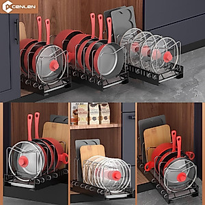 CENLEN Pull Out Pots and Pans Organizer Under Cabinet, Slide Out Pot Lid Organizers Inside Cabinet, Pull Out Lid Holder for Pots and Pans, Sliding Kitchen Cabinet Organizer (Black)