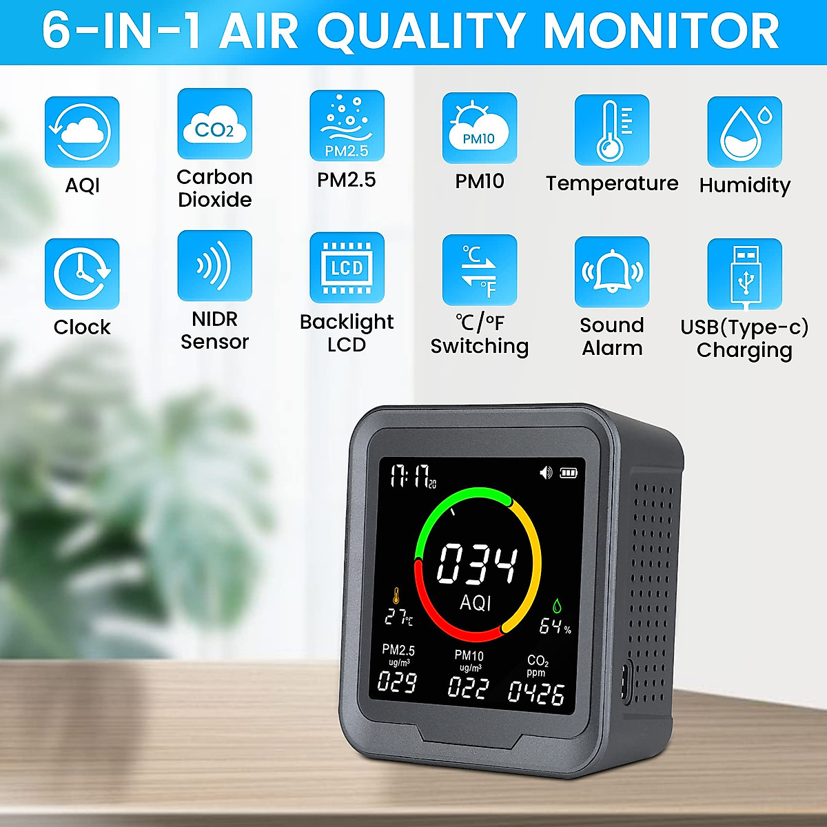 Chaoos 6-in-1 Indoor Air Quality Monitor, Detects CO2, PM2.5, PM10, AQI, Temp and Humidity, AQI Monitor with Alarm, CO2 Monitor for Home, Cellars, Grow Tents, Offices