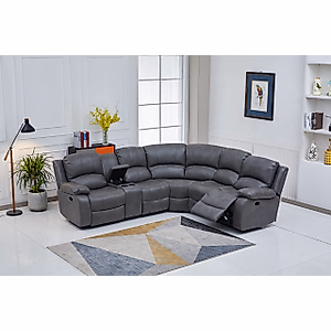 Betsy Furniture Bonded Leather Sectional in Multiple Colors, Sectional with 3 Reclining Seats, Console (Grey, Left Console Sectional)