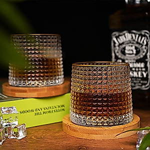 Cyauatt Spinning Whiskey Glasses 6.2oz Set of 4,Rotatable Tumbler Crystal Glasses with Bamboo Coasters,Rotating Old Fashioned Glasses,Perfect Drinking Gifts Suitable for Scotch,Brandy,Cocktail,Rum