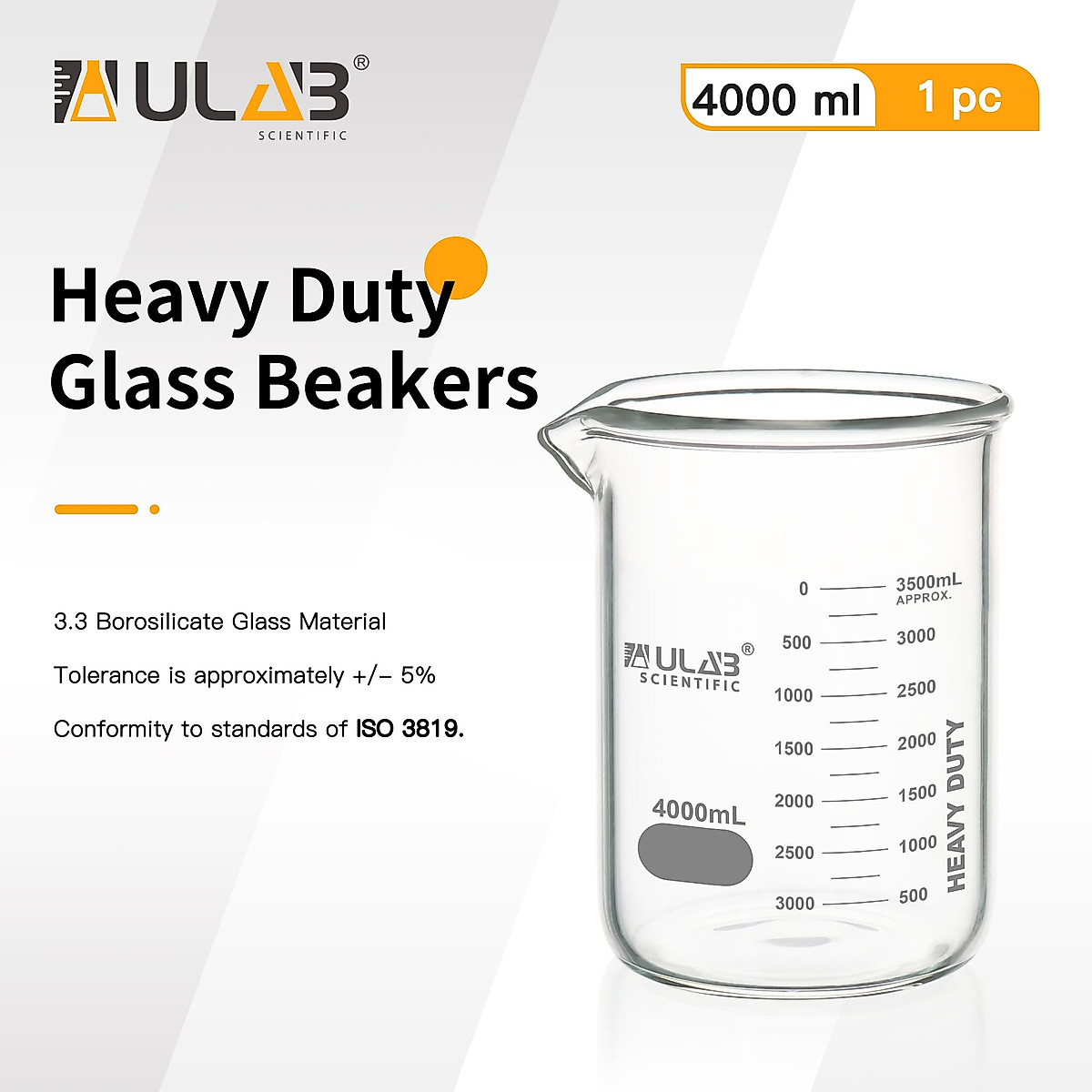 ULAB Heavy Duty Glass Beakers, Vol.4000ml (135oz), Borosilicate 3.3 Glass, Thick Wall Beakers, with Double Scale, Superior Durability & Chemical Resistance, UBG1067