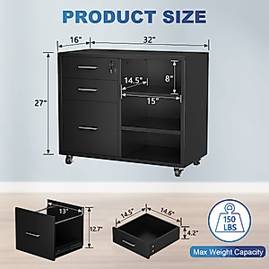 Kemon 3 Drawer Wood File Cabinet Mobile Lateral Filing Cabinet with Lock Printer Stand with Open Adjustable Storage Shelves for Home Office Organization Hanging Letter/Legal/F4/A4(Black)