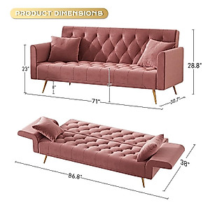 DAMAIFROM 71" Velvet Couch, Futon Sofa Bed, Sleeper Sofa with Adjustable Back, Loveseat,Mid Century Modern Couches with Folding Armrests for Living Room, Bedroom,Small Spaces (Rose Pink)