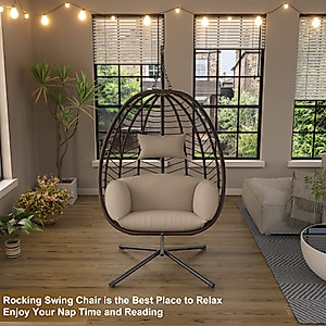 Delnavik Egg Chair with Stand Hammock Chair Wicker Rattan Patio Hanging Egg Chair, Indoor Outdoor Swing Egg Chair with Cushion Headrest for Patio Bedroom Porch Garden Balcony, Sand
