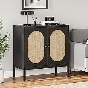 IDEALHOUSE Buffet Cabinet, Rattan Storage Cabinet with Doors and Shelves, Accent Cabinet Sideboard, Wood Console Cabinet with Storage Entryway Cabinet for Living Room, Dining Room, Hallway (Black)