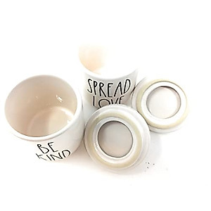 Rae Dunn by Magenta LL BE KIND and SPREAD LOVE Jar Set, Rainbow Handles, 4" tall x 2.75" wide each, Ceramic Jars, Bathroom, Bedroom, Make Up, Holder, Storage, Canister, Organizer
