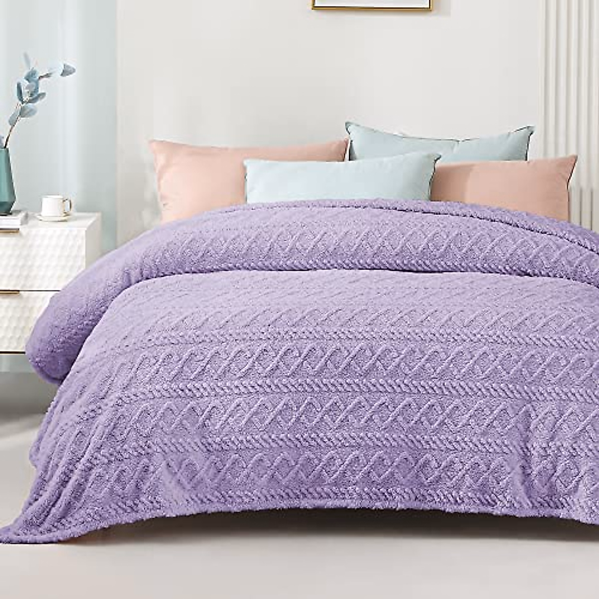Whale Flotilla Jacquard Fuzzy Fleece Fluffy Bed Blanket Queen Size(90x90 Inch), Velvet Microfiber Bedspread, Warm and Soft Bed Blanket for All Season, Lilac