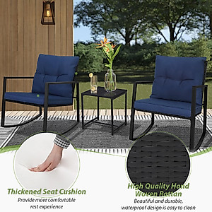 SUNCROWN 3-Piece Outdoor Rocking Chairs Patio Bistro Set Patio Black Wicker Chairs with Glass Coffee Table, Dark Blue Cushion