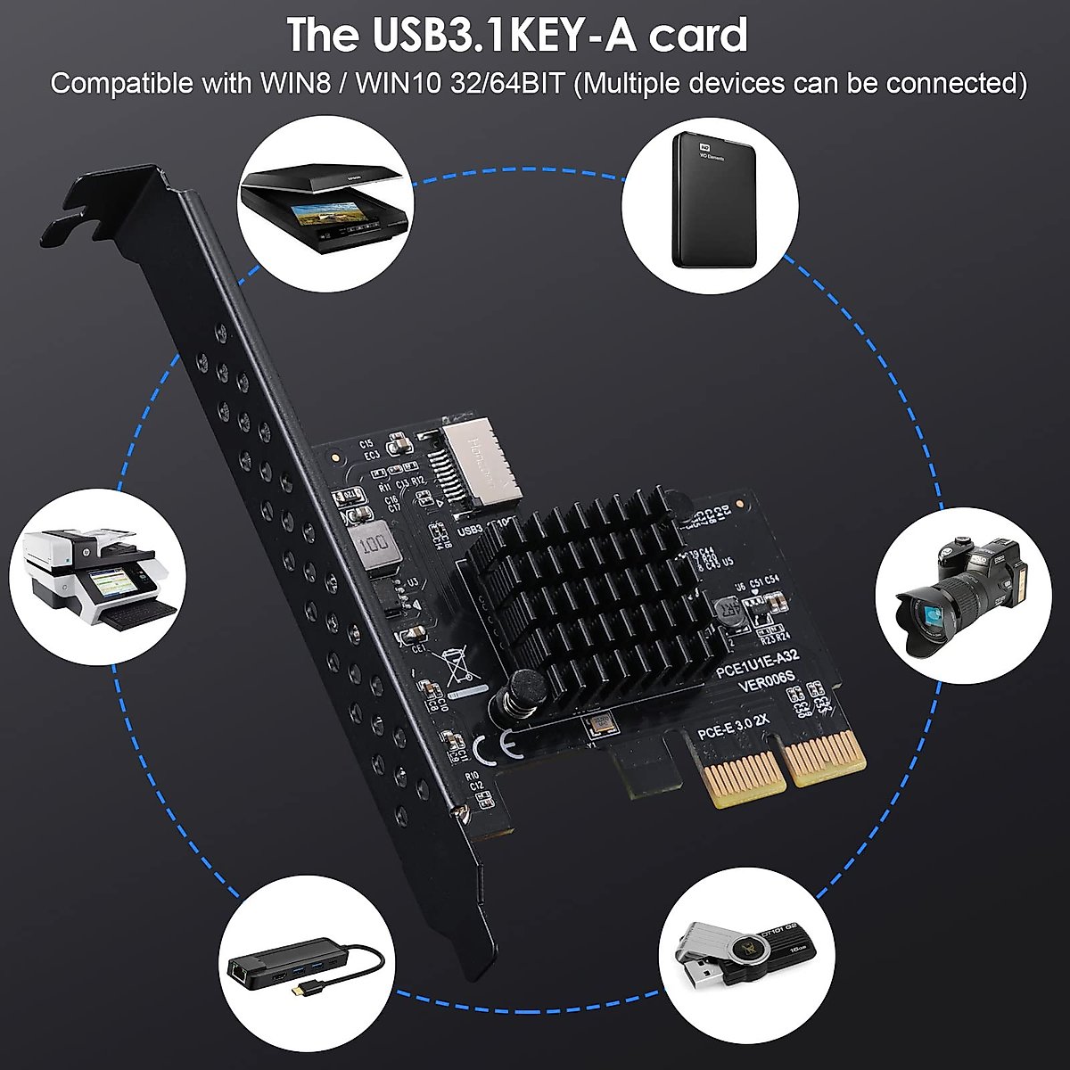 BEYIMEI PCI-E 2X to USB3.1 A-Key Gen2 Front Type-C Expansion Card,10Gbps Type-E Internal 20-pin Front Panel Connector Riser Card,PCI Express 3.0 X2 Adapter for Desktop PCs (ASM3142)