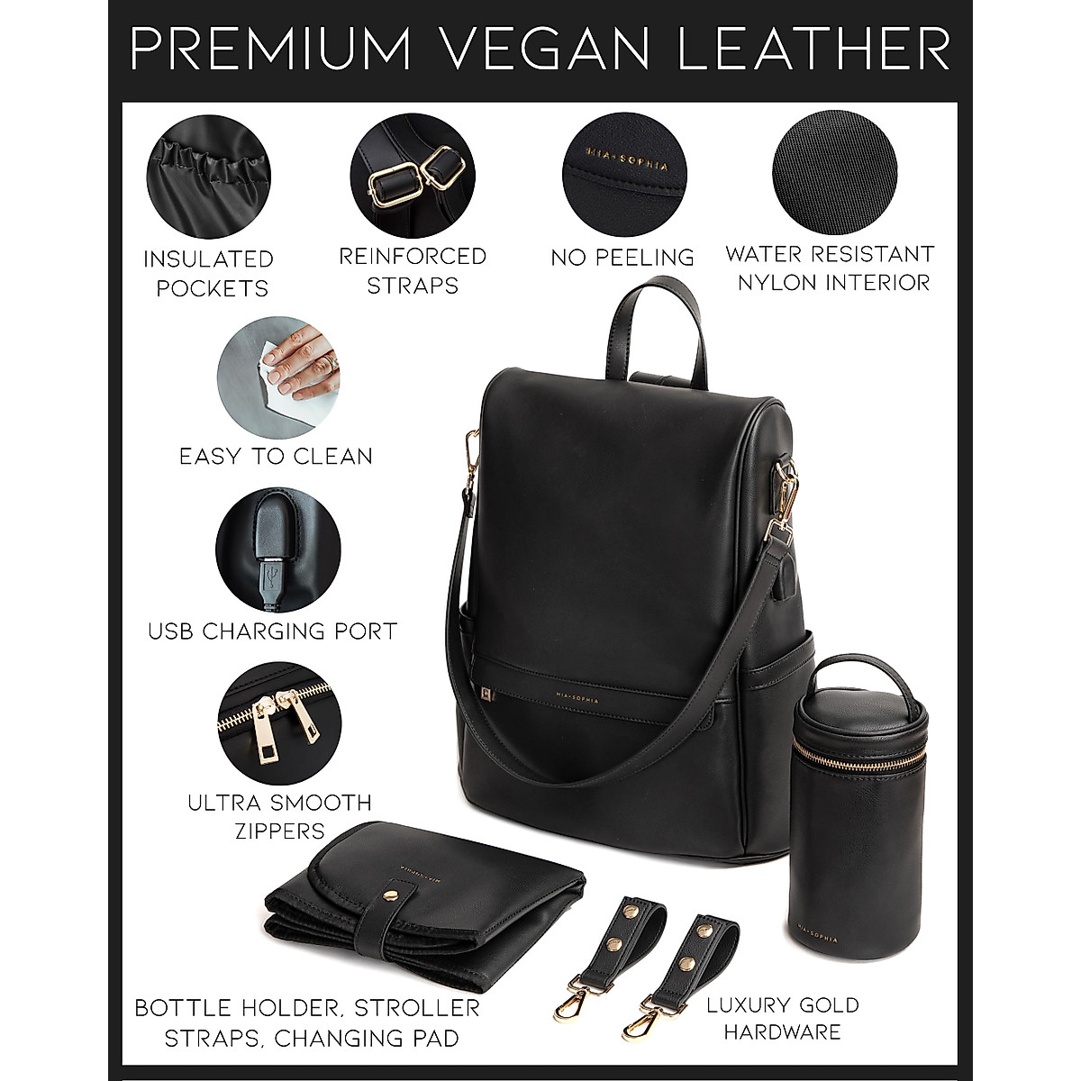 MIA + SOPHIA Leather Diaper Bag Backpack with Changing Pad, Stroller Straps, Bottle Holder (Black Mia)