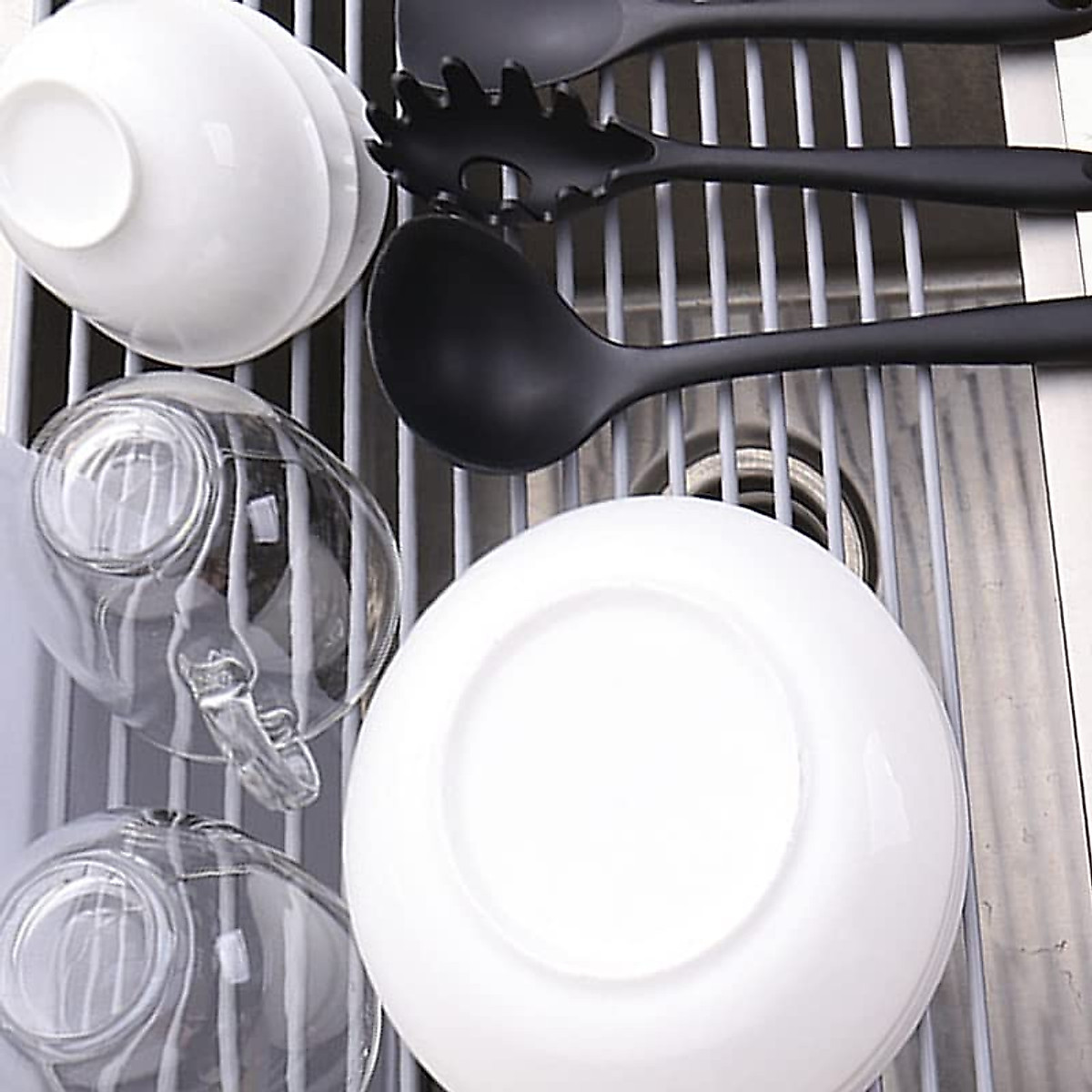 C CRYSTAL LEMON Food-Grade Silicone Drying Rack for Kitchen Sink Roll Up Dish Drying Rack Over The Sink Drying Rack 14.17 x 14.56 inch Silver Foldable Stainless Steel Wire Dishes Drying Rack