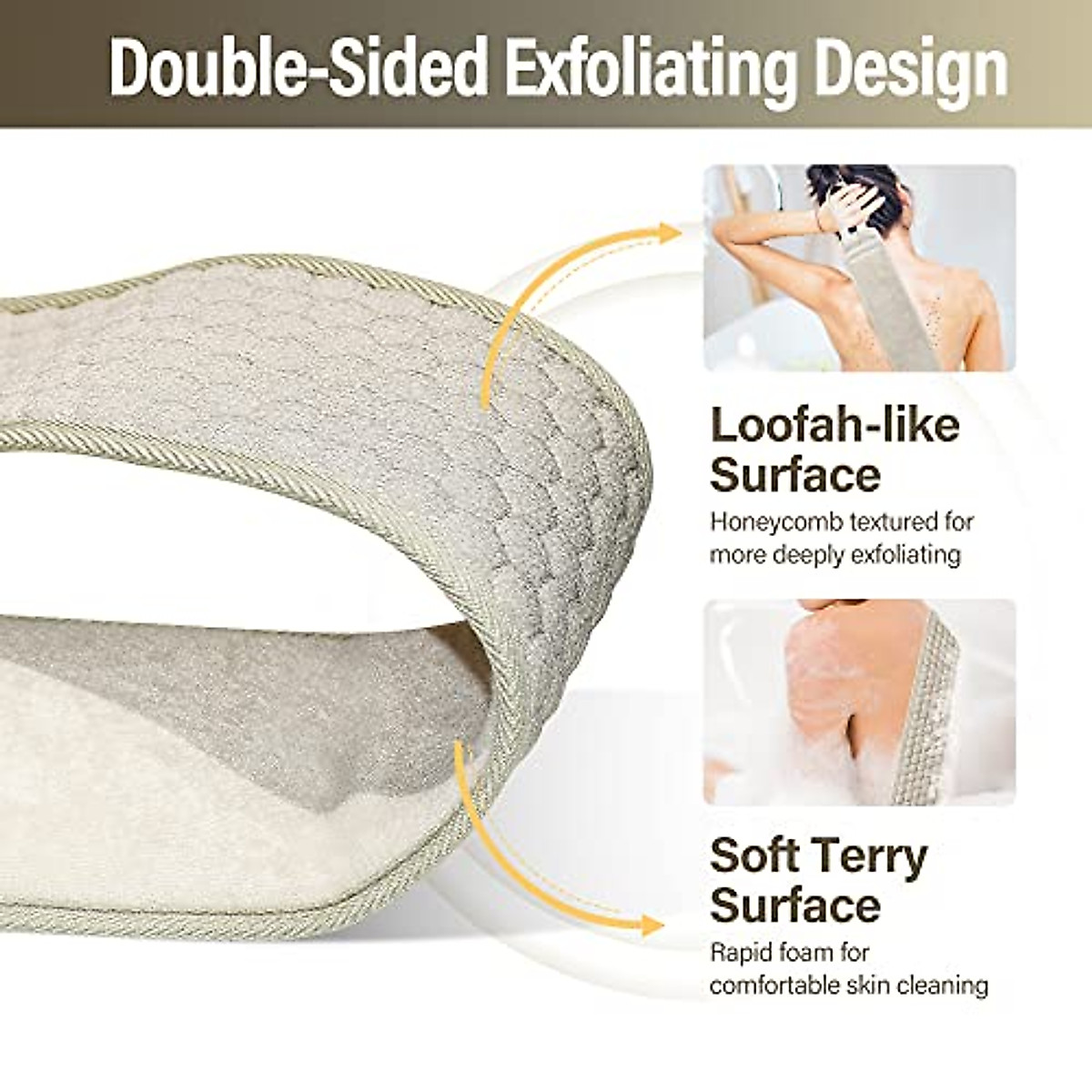 Suntee Exfoliating Back Scrubber for Shower, 3 PCS Loofah Back Scrubber with Exfoliating Glove and Sponge Pad Set, Long Deep Clean Back Washer Bath Shower Scrubber for Men and Women (36.5 * 4.5 inch)