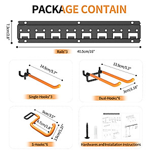 Unaikoo Garden Tool Organizer Wall Mount - Garage Storage and Organization Yard Tool Hanger with Adjustable Pegboard Hooks Shed Rack for Broom Mop Shovel Rake Trimmers, 48 inch Max 550lbs, Black