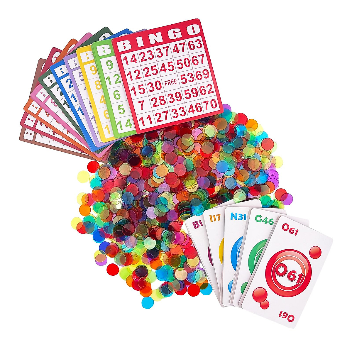 JUNWRROW Bingo Game Set-1000 Colorful Chips with a Bag,100 Bingo Cards and Jumbo Deck of Calling Cards for Adults, Seniors, and Family - Calling Card Set- Ideal for Large Groups, Parties, Game Nights