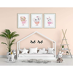 Framed Nursery Wall Art Animals Ballerinas for Girl Baby Room Wall Decor, 10"x12" Wood Frame, Set of 3