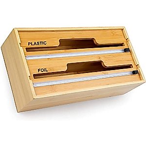 Wrap Dispenser with Cutter& Labels, Plastic Wrap, Aluminum Foil and Wax Paper Dispenser for Kitchen Drawer/Wall Mount| CTSZOOM Bamboo Roll Organizer Storage Holder| Compatible with 12" Roll (2 Slot)