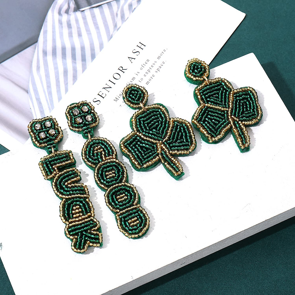 NLCAC 2 Pairs St Patricks Day Earrings Green Beaded Shamrock Earrings Handmade Good Luck Clover Dangle Earrings Funny Irish Holiday Party Jewelry Gifts (Green Gold)