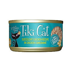 Tiki Cat Luau Shredded Meat, Succulent Chicken Recipe in Chicken Consumme, Grain-Free Balanced Nutrition Wet Canned Cat Food, For All Life Stages, 2.8 oz. Cans (Case of 12)