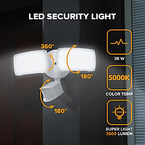 LUTEC 38W 3500 Lumen LED Motion Activated Integrated Dual-Head Floodlight Outdoor with Motion Sensor, 5000K Daylight, Dusk to Dawn, Exterior Security Wall Light for Patio, Garden, Yard(White)