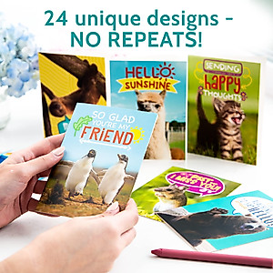 24 Funny Greeting Cards Set with Envelopes - 24 Unique Designs with No Repeats - Cute 4.5” x 6.25” Blank Boxed Animal Note Cards Pack to Say Thinking of You, Hello, Thank You or I Miss You - For Friends, Kids, Teacher and More