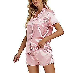 Vrtige Women's Satin Pajamas Set Short Sleeve Button Down Shirt With Shorts PJs Set Loungewear Baby Pink Medium