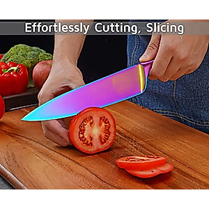 WELLSTAR Kitchen Knife Set 5 Piece, Razor Sharp German Stainless Steel Blade and Comfortable Handle with Rainbow Titanium Coated, Chef Carving Bread Utility Paring for Cutting and Peeling, Gift Box