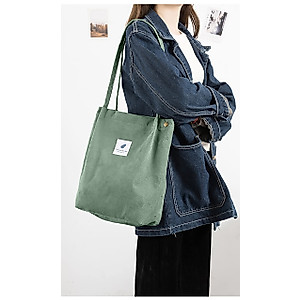 ALUWU Corduroy Tote Bag for Women Girl Casual Work Canvas Shoulder Handbags Cute Purse Light Green