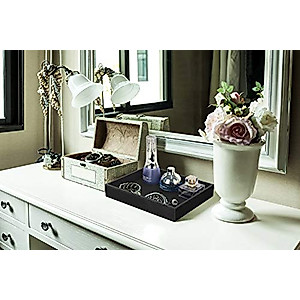 HofferRuffer Faux Leather Vanity Tray, Elegant Desktop Storage Organizer, Decorative Catchall Perfume Tray, Bathroom Valet Tray, Nightstand or Dresser Organizer, Black, 10.2 x 8.4 x 1.8 inches
